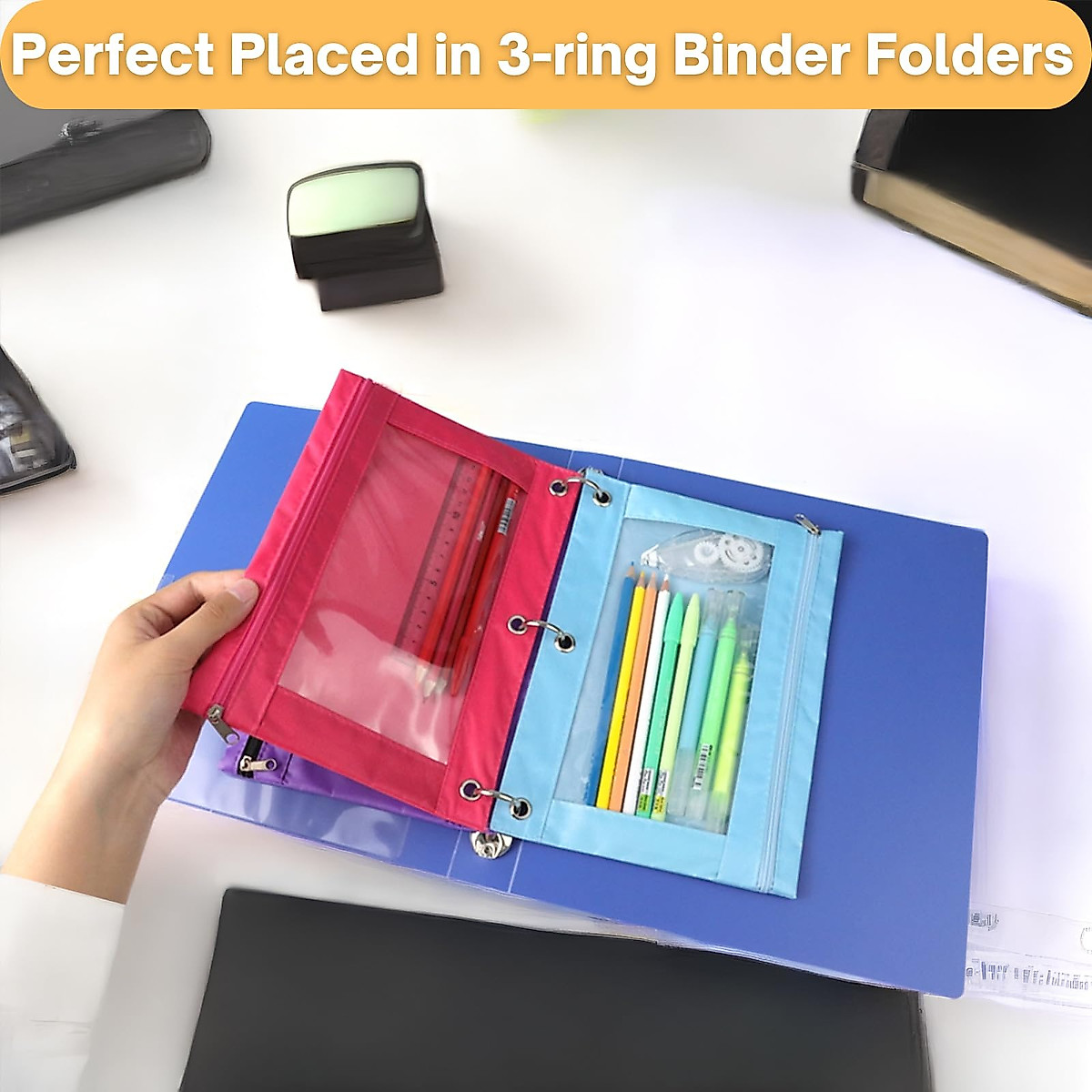 ACRSIKR Pencil Pouch for 3 Ring Binder, Zipper Pencil Case Bag Three Hole with Clear Window Black 1 Pack