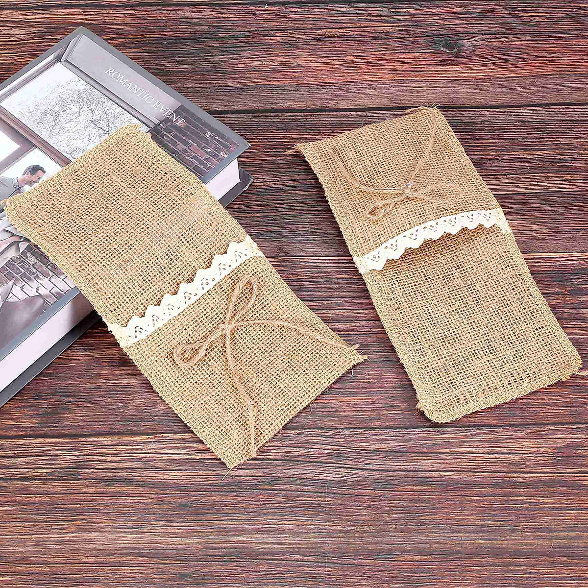 Frobea 100PCS Country Wedding Table Silverware Holder Natural Burlap Cutlery Pockets Fork Pockets Rustic Wedding Decoration