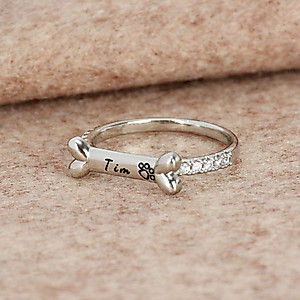 handmadejewelry Personalized Bone Shape Name Ring Pet Dainty Ring with Cubic Zirconia Engraved Puppy Dog Cat Pet Lover Custom Gifts for Men Women Girls (dog bone)