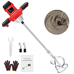 Cement Mixer, 2100W Handheld Electric Concrete Mixer, Portable Mortar Mixer with 6 Adjustable Speed, 110V Mud Mixer Machine Drill Tool for Paint Mortar Fodder Mixing Drywall Grout Plaster (Red)