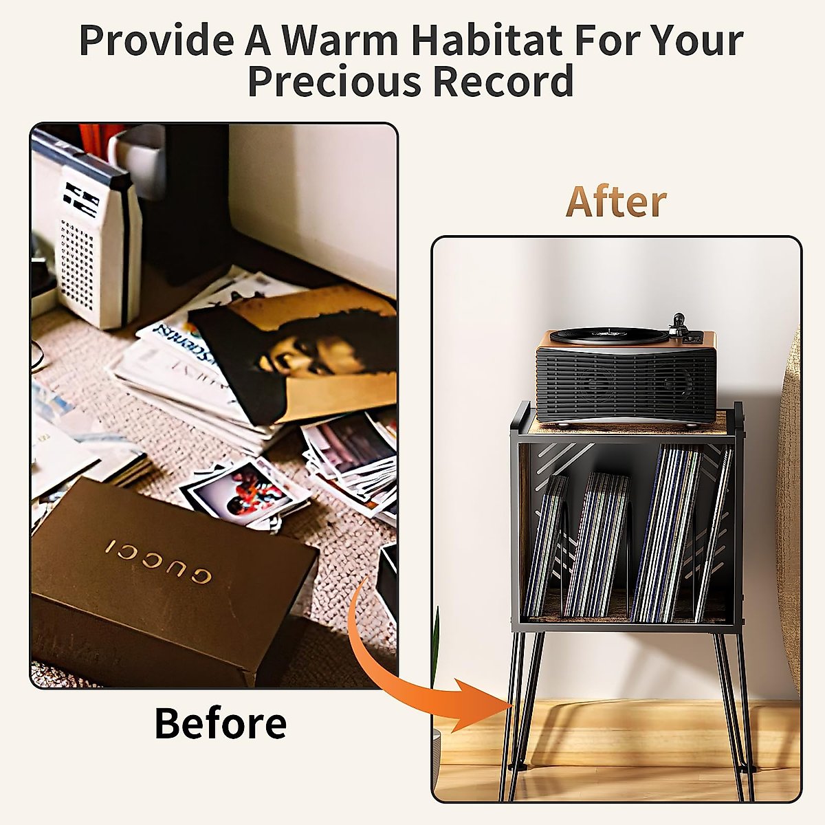RUILALIFE Record Player Stand Table with Vinyl Holder, 3 Tier Turntable Stand with Albums Storage Shelf，Small Side Tables for Small Spaces, End Table with Drawer for Bedroom Living Room (Cabinet)