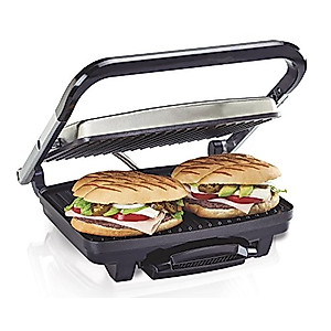 Hamilton Beach Panini Press, Sandwich Maker & Electric Indoor Grill, Upright Storage, Nonstick Easy Clean Grids, Stainless Steel (25410) & Dual Breakfast Sandwich Maker with Timer, Silver (25490A)
