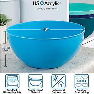 US Acrylic Vista Durable Plastic Salad and Serving 10-inch Bowls | Set of 4 in Coastal Colors | Reusable, BPA-free, Made in the USA | 135 oz. capacity