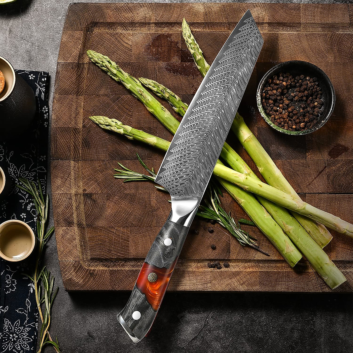 Momo's House 8.3 Inch Kiritsuke Knife and 5 Inch Utility Knife with Wood and Red Resin Handle - VG-10 Core and 67-layers Damascus Steel Kitchen Knives with Gift Box and Sheaths, 2pcs