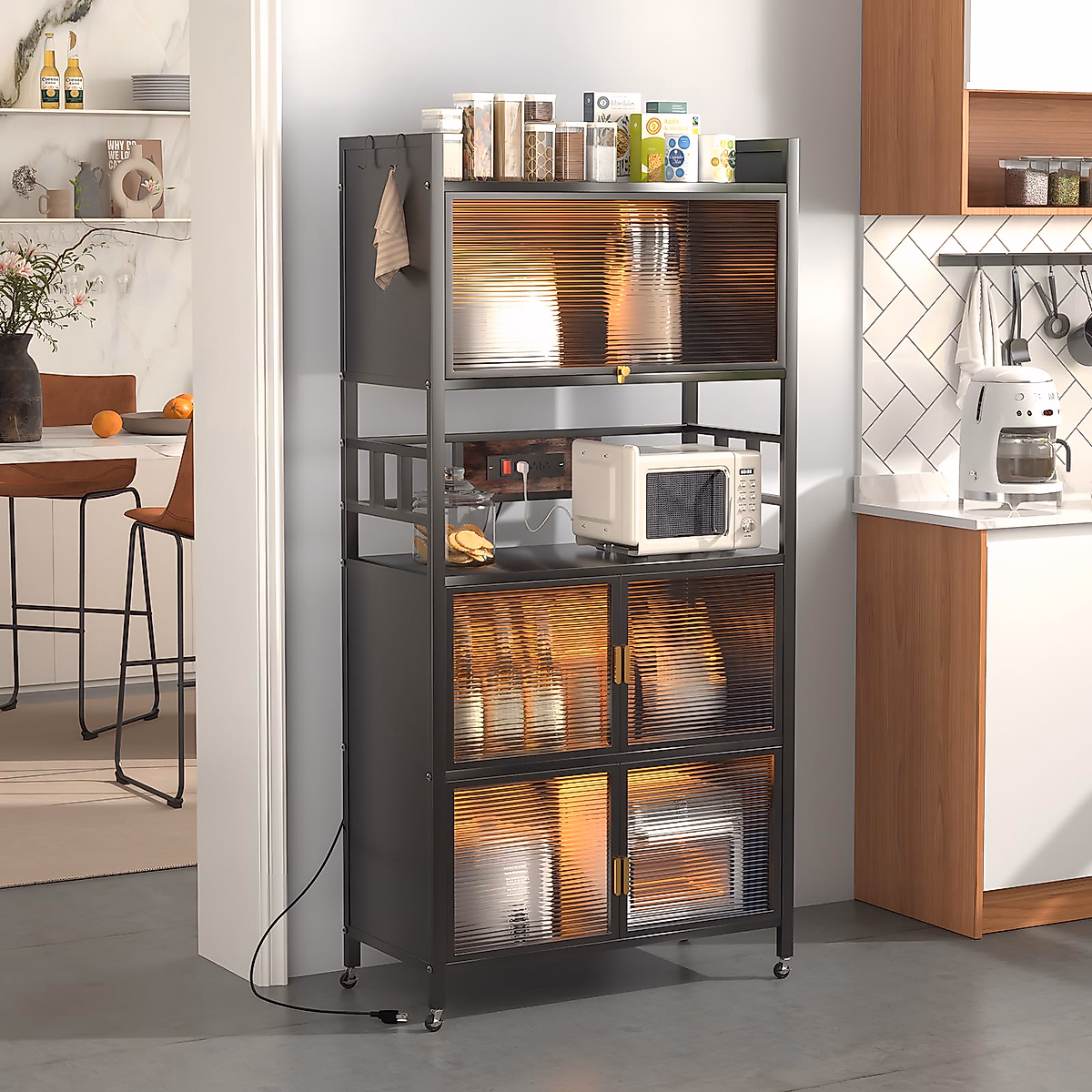 REENLIV 5-Tier Bakers Rack with Power Outlet, Microwave Stand, Bread Rack,Coffee Stand, Baker's Rack with Rolling Wheels and 4 Hooks, Kitchen Shelves for Spices, Pots and Pans,Black