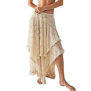 R.Vivimos Women Lace Long Skirts Summer Elastic Asymmetrical Layered Hem Sexy See-Through Beach Floral Maxi Skirts (Medium, Beige)