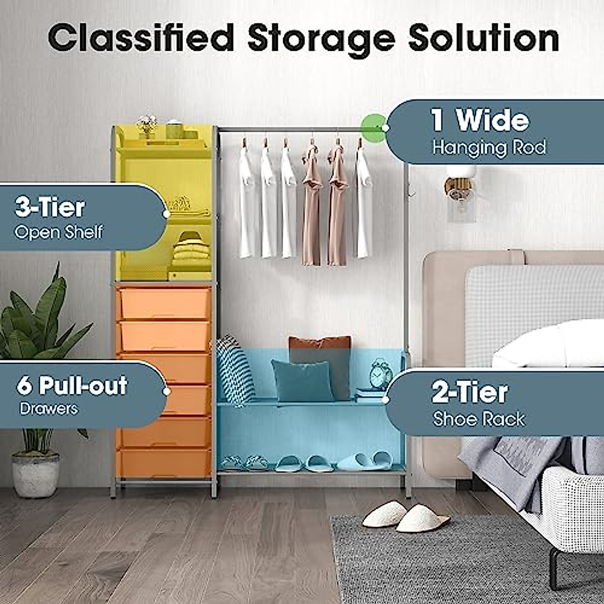 Giantex Free Standing Closet Organizer, Heavy Duty Garment Rack with 6 Removable Drawers, 3 Open Shelves, 2 Shoe Racks, 1 Hanging Rod & 1 Hook, Metal Clothing Rack for Bedroom & Cloakroom (Grey)