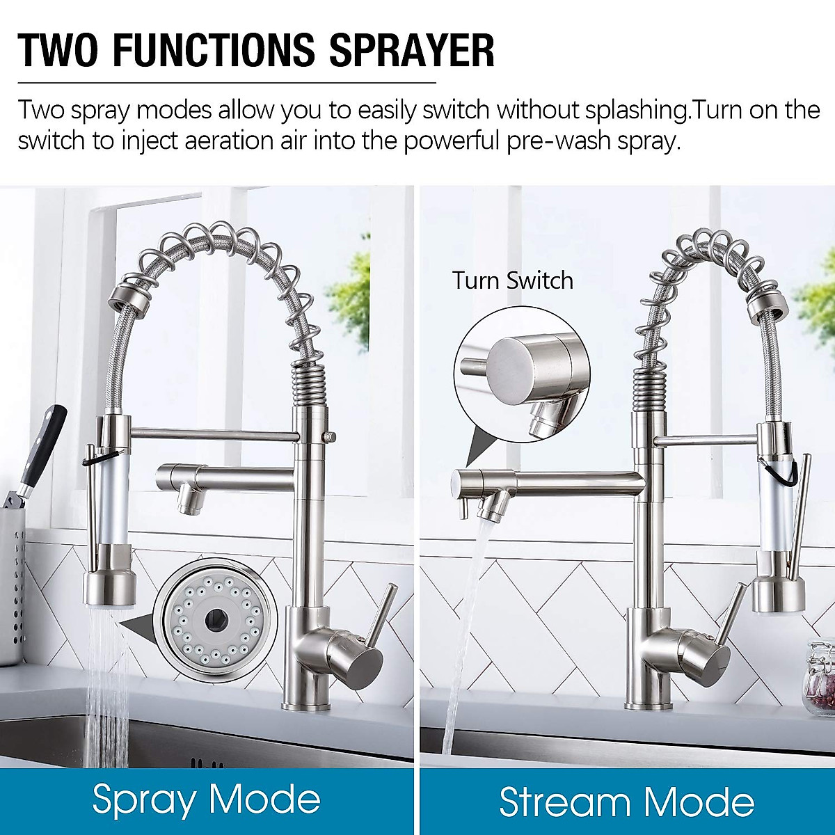 Qomolangma Contemporary Kitchen Faucet with Pull Down Sprayer, Stainless Steel Single Handle Spring Kitchen Sink Faucets with Sprayer, with Deck Plate, Brushed Nickel