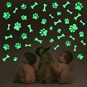 Marsway Cute Paw Decal Night Glow in The Dark Creative Luminous Decorative Stickers Kids Room Wall Decor (Paw Print + Bone)