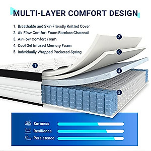 Avenco Full Mattress, Innerspring Hybrid 10 Inch Full Size Mattress with Gel Memory Foam, Bamboo Charcoal Full Mattress in a Box, Individual Pocket Spring for Motion Isolation, CertiPUR-US Certified