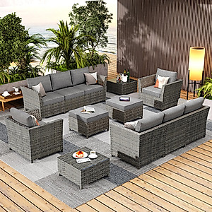 CAODOC 12 Pieces Outdoor Furniture Patio Sectional Sofa Couch Gray PE Wicker Conversation Sets with Ottomans Glass Coffee Table for Garden Poolside Backyard