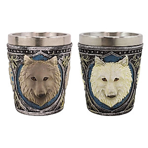 Ebros Pack Of 2 Full Moon Mythical Animal Spirit Gray And White Alpha Wolf Themed 2-Ounce Shot Glass Resin Housing With Stainless Steel Liners Wolves or Timberwolves Themed Souvenirs Favors