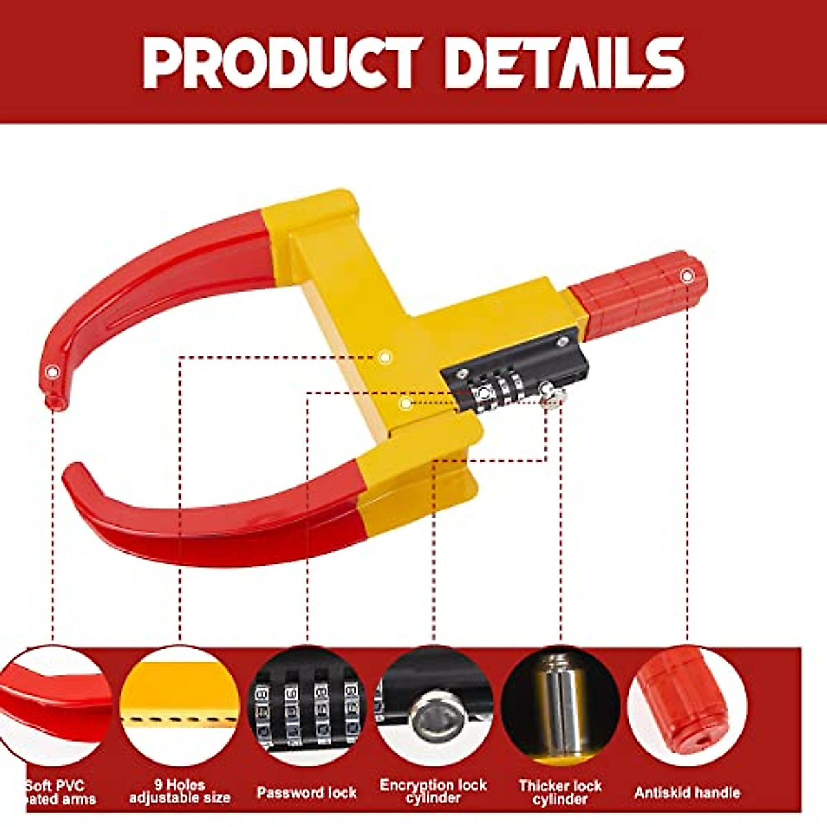 Universal Wheel Clamp Lock Enlarge 9 Holes Wheel Boot Lock Max 10.75" Tire WidthSecurity Tires Anti Theft Lock Keyless Password Code Lock for Vehicle Car Truck SUV Boat Motorcycle Golf Cart Orange