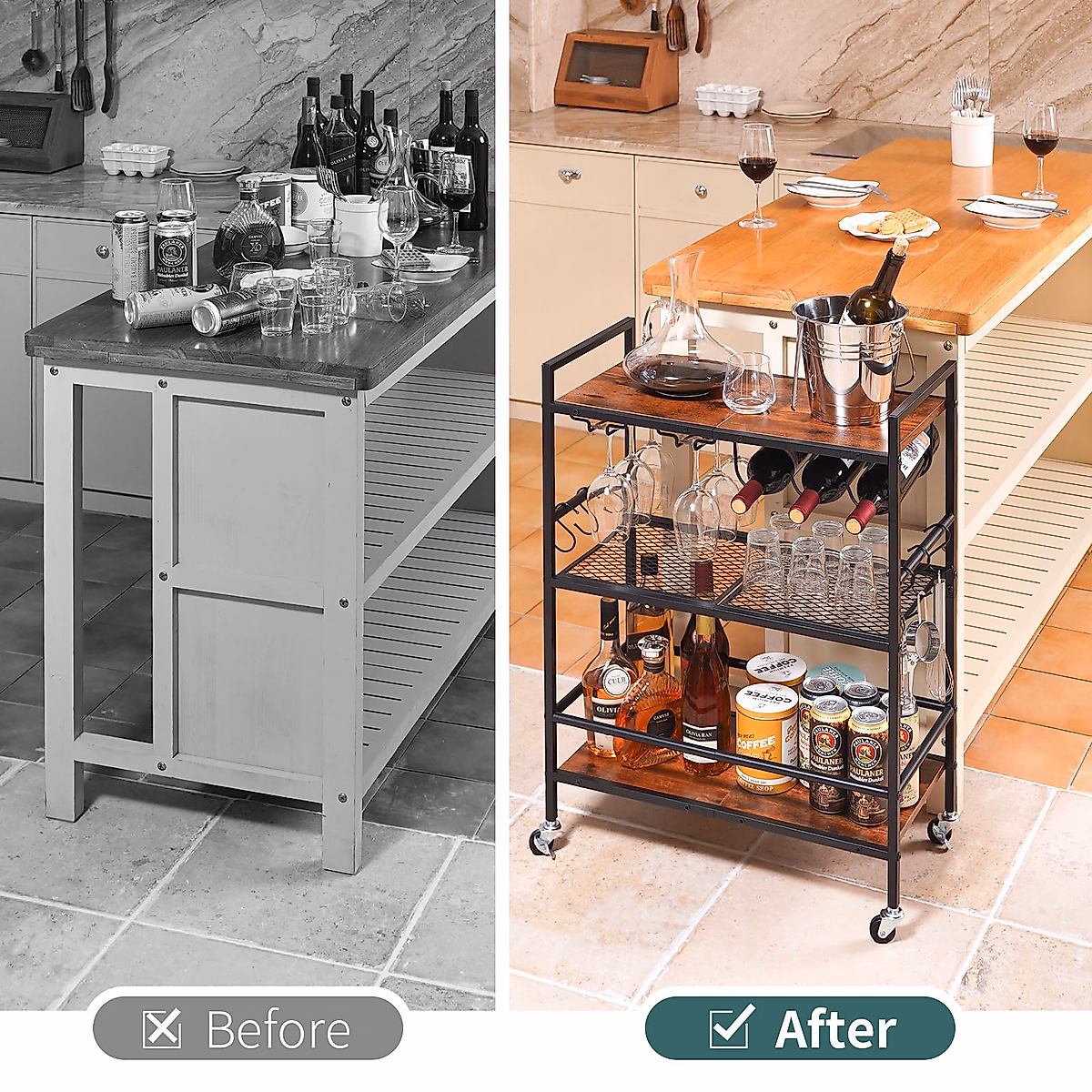 Yoobure Bar Cart with Wheels, Bar Carts for The Home, 3-Tier Rolling Kitchen Cart with Wine Rack and Glass Holder, Home Bar & Serving Carts with Hooks Wine Cart Microwave Cart for Kitchen Living Room