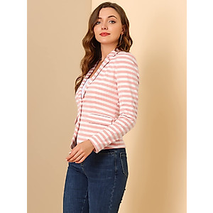 Allegra K Women's Notched Lapel Pocket Button Closure Striped Blazer Medium White Pink