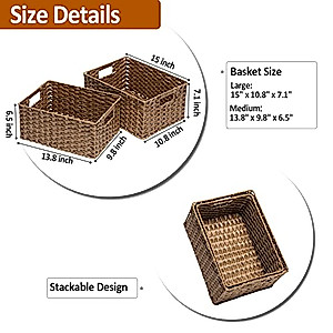 ROSOS Wicker Baskets 2 Pack, Wicker Storage Basket with Handles, Large Wicker Baskets for Storage, Waterproof Wicker Baskets for Organizing, Large Storage Baskets Wicker 15" and Medium 14", Brown