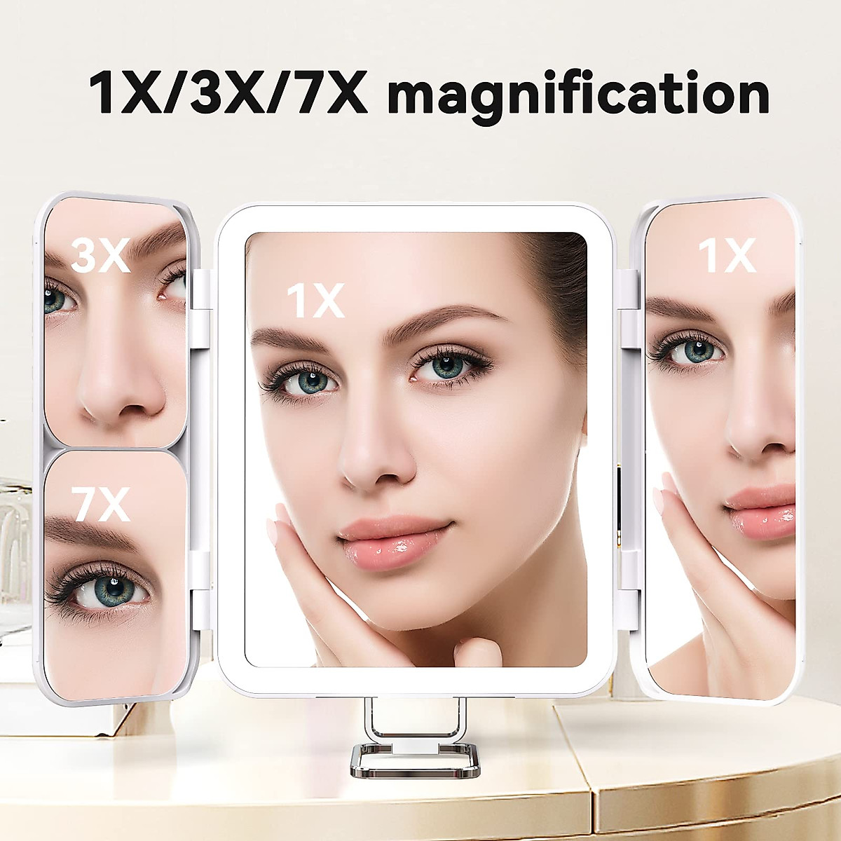 VEVETEC Rechargeable Lighted Makeup Mirror, Portable Led Vanity Mirror, Dimmable, Magnifying Glass 1X/3X/7X Magnification, Touch Control,Travel Cosmetic Mirror
