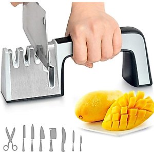 SMSOM Knife Sharpeners - 4 Stage Kitchen Knife Scissor Sharpener to Repair, Restore, Sharp, Polish Blades, 4-in-1 Manual Chef Steel Knife Scissor Sharpening Tool Kitchen Accessories (Silver)
