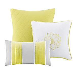 Madison Park Lola Sateen Cotton Comforter Set-Casual Medallion Floral Design All Season Down Alternative Bedding, Shams, Bedskirt, Decorative Pillows, Queen(90"x90"), Grey/Yellow, 7 Piece