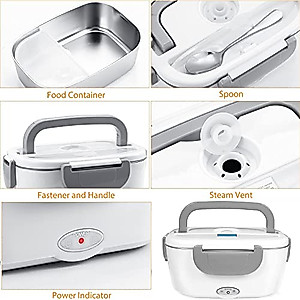 HYAUGX Electric Lunch Box Heater Warmer - 60W 1.5L Portable Food Heater 3 in 1 12V 24V 110V for Car Truck Home Office, Removable SS Container/Spoon/Fork/Insulation Bag/Seal Ring