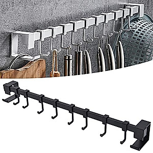 Kitchen Utensil Hanging Rack Rail with 8 Hooks, Self Adhesive Utensil Hangers Utensil Hooks 50cm/19.69in Wall Hooks Rack for Kitchen Bathroom Bedroom (Black)