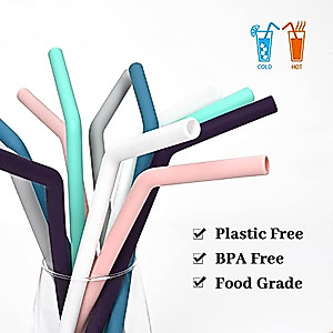 Elyum Set of 12 Reusable Silicone Straws, 10'' Extra Long Silicone Drinking Straws with 1 Bag and 2 Cleaning Brushes Multicolor BPA Free Smoothie Straw for 30oz and 20oz Tumblers (12 Bent)