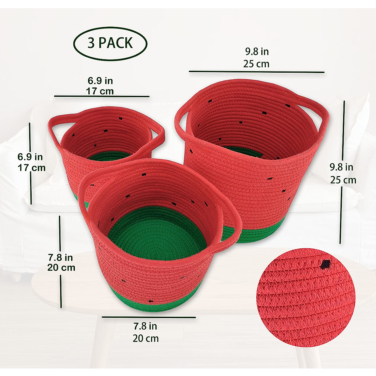Watermelon Cotton Rope Storage Basket Pack of 3 for Organizing Novelty Gift Fruit Basket Large Picnic Basket Room Decor