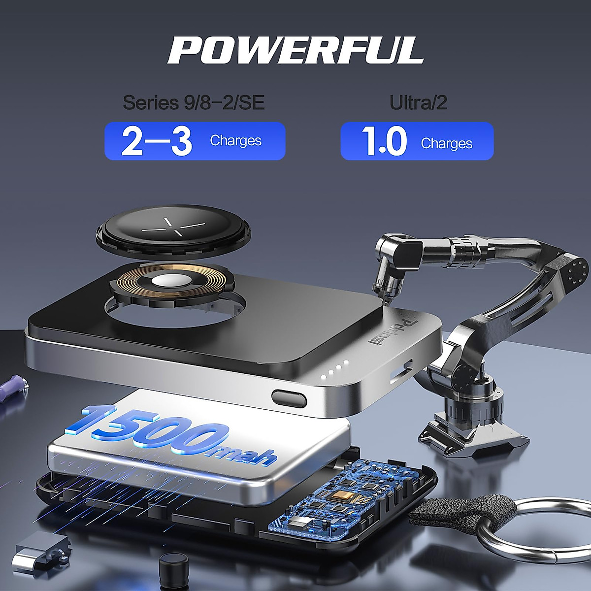 Pddosi Portable Charger for Apple Watch, 1500mAh iWatch Charger Travel, Magnetic Portable Watch Charger Keychain, Portable Wireless Charger for iWatch Series 10/9/8/7/6/5/4/3/2/SE/Ultra (Black)