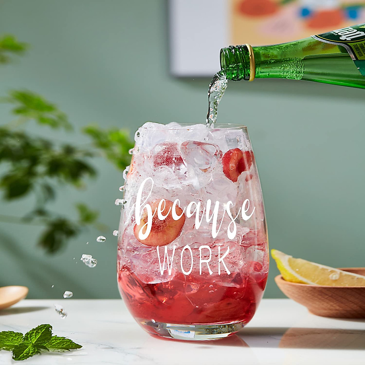 Because Work Funny Stemless Wine Glass, Unique Office Thank You Gift Idea for Coworker, Boss, BBF, Retirement Coworker Leaving, Birthday Christmas Gifts for Women, Man, Colleagues, Her, Friends, 17 oz