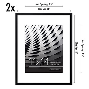 Americanflat 11x14 Picture Frame with Shatter-Resistant Glass - Set of 2 - Use as 8x10 Frame with Mat or 11x14 Frame Without Mat - Streamline Collection - Thin Photo Frame for Wall Display - Black