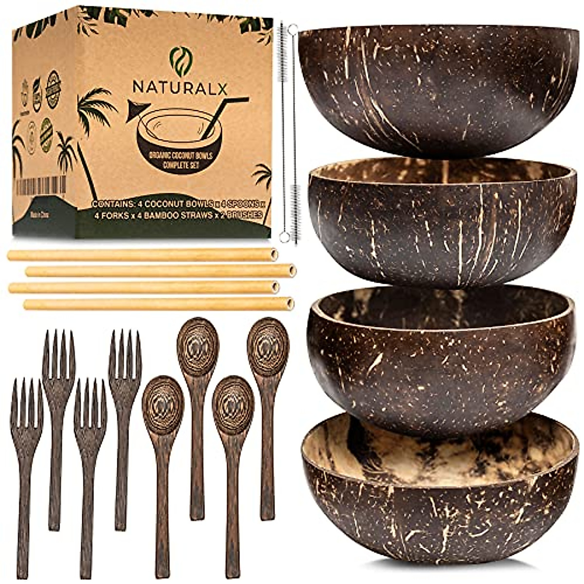 NaturalX Premium Coconut Bowls with Spoons (Set of 4) | Made from 100% Coconut Shell | Organic, Handmade, Vegan, Natural, Bamboo, Wooden, Eco Friendly, Reusable Bowl for Breakfast, Serving, Party