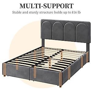 Yaheetech Queen Bed Frame Upholstered Platform Bed with 4 Drawers Storage and Adjustable Headboard,Arch Channel Tufted Headboard,Sturdy Wood Slat Support,No Box Spring Needed,Dark Gray Queen Bed