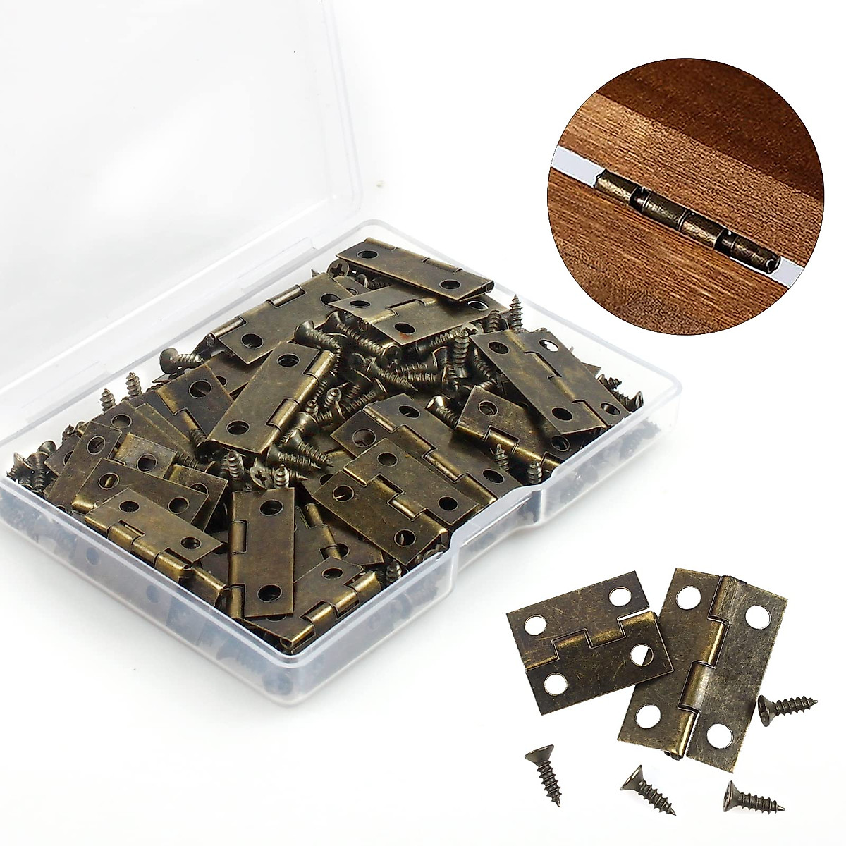 60Pcs Small Mini Hinges for Wooden Box, Crafts, Jewelry Box, Bird House, Bronze Small Box Hinges with 260 Pcs Screws