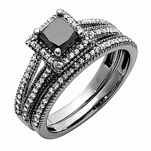 Dazzlingrock Collection 1.35 Carat (Cttw) Princess Black & Round White Diamond Split Shank Halo Wedding Ring Set for Women in Black Plated 14K White Gold, Size 9