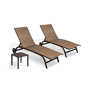 Crestlive Products Outdoor Chaise Lounge Chairs with Wheels Set of 3, Pool Lounge Chairs with 5 Adjustable Position for Patio, Poolside, Yard, Brown