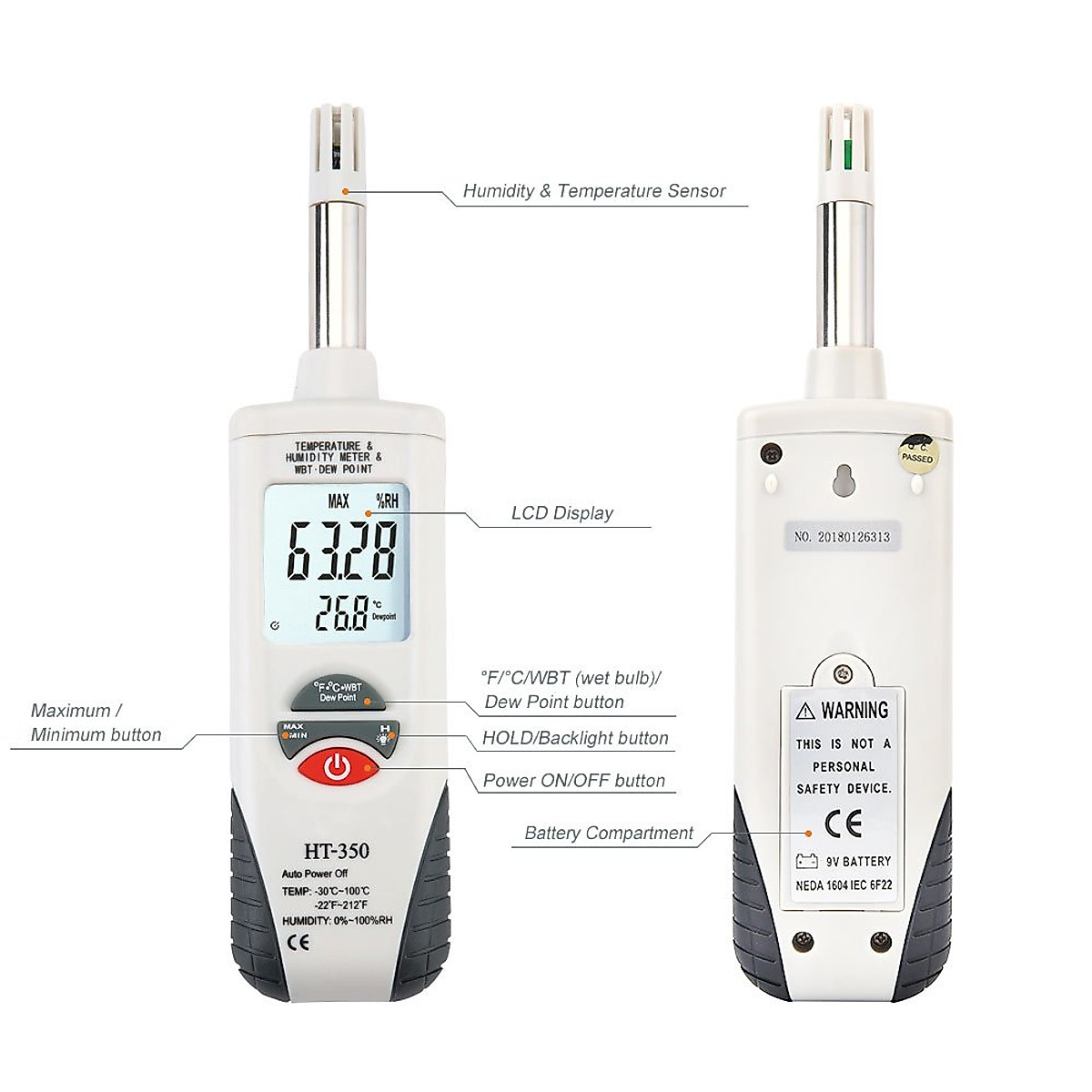 Hygro-Thermometer Psychrometer, Handheld Digital Humidity Temperature Meter with Dew Point and Wet Bulb Temperature, Dual Display Temperature & Humidity, Hti-Xintai