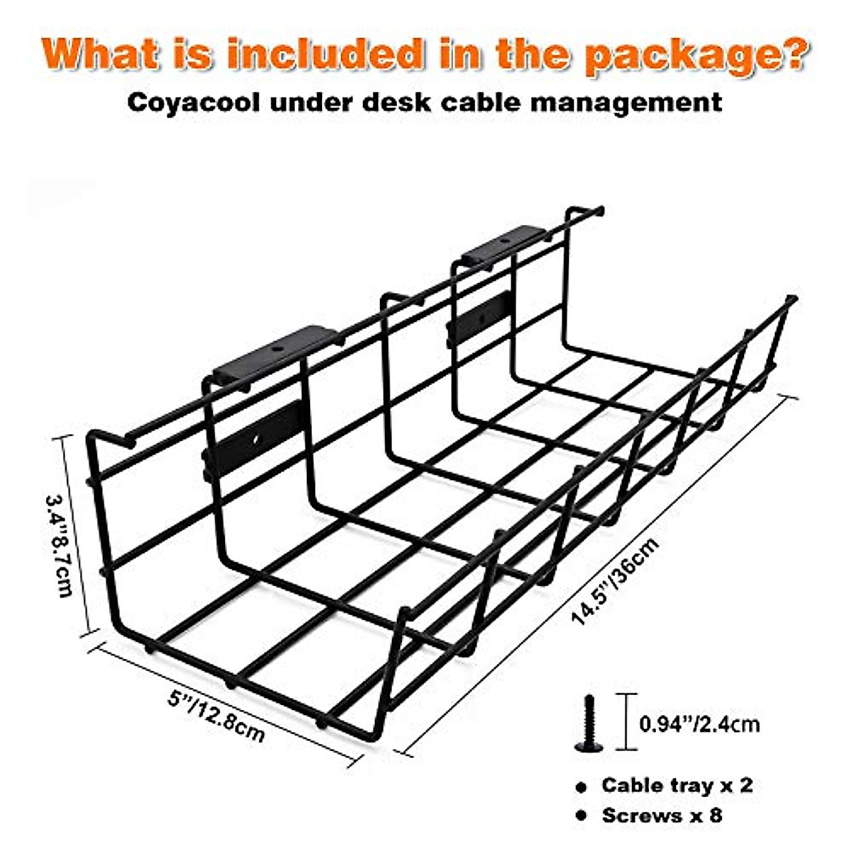 COYACOOL Under Desk Cable Management- 2 Pack Cord Organizer. Metal Wire Cable Management Tray for Office, Studio and Home. Super Sturdy Under Table Cable Management - Black Cable Organizer