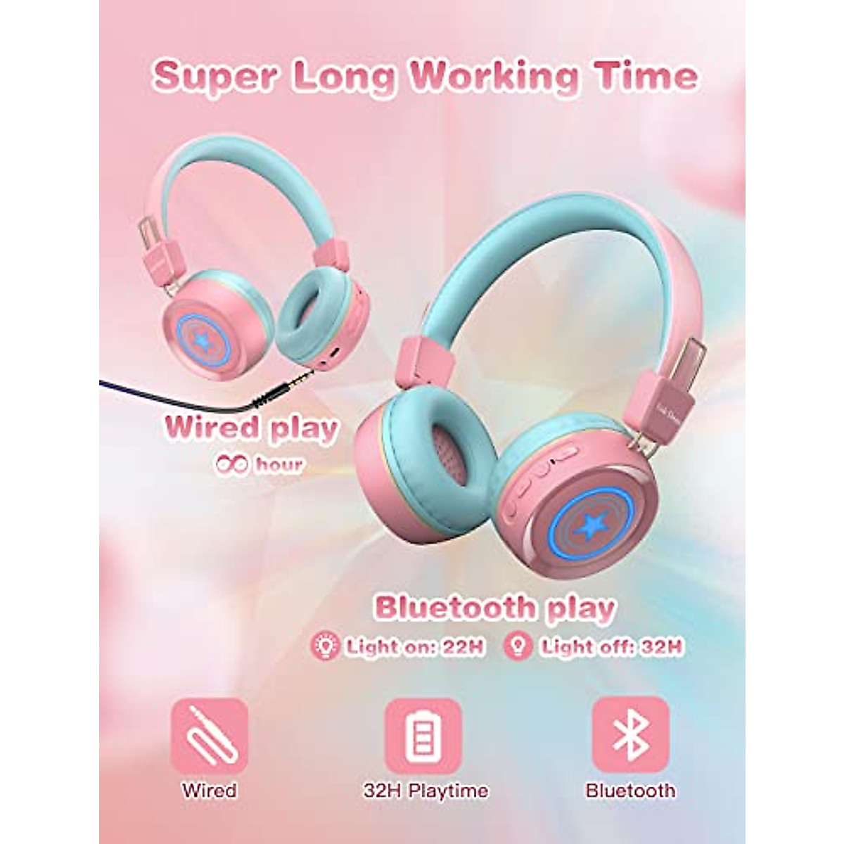 Link Dream Kids Bluetooth Headphones with Microphone for School On-Ear Headphone Toddler Children Wireless Headphone Headset with LED Lights Compatible with Cellphone/Computer/Tablet/iPad (Pink)