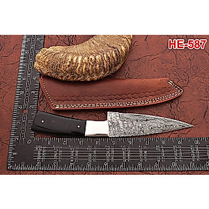 HUNTEX Handmade Hand-Forged Ladder Pattern Damascus Steel 10 Inch Long Full Tang Natural Buffalo Horn Handle Razor Sharp Hunting Camping Skinning Knife w/Genuine Leather Pouch