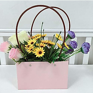 Shiwaki 5pcs Kraft Paper Flower Gift Bags Bouquet Bags Box Waterproof Brown Paper Carrier Bags with Handle Tote Bags for Birthday Wedding Party Favors - Pink