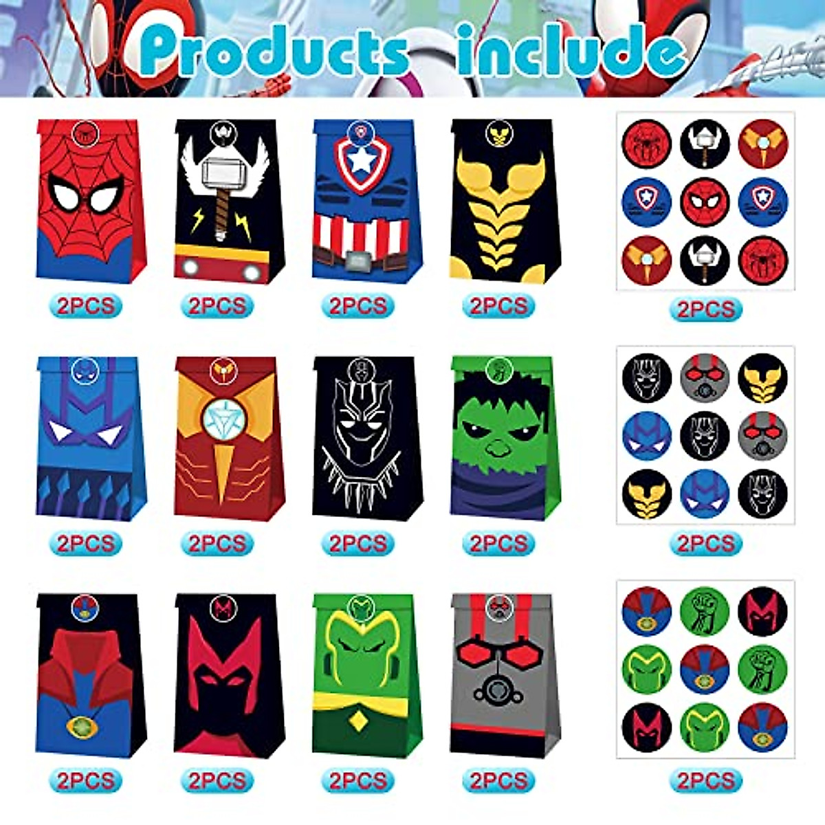 24Set Superhero Party Bags, Superhero Bags Candy Gift Bags Kraft Paper Bags，with Superhero Theme Sticker, For Superhero Theme Birthday Party