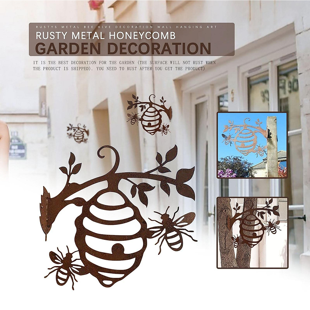XUANQI Metal Bee Hive Garden Decor Metal Beehive Garden Gift Honey Home Decoration Metal Wall Decoration Wrought Iron Wall Decor, Gold, 25x30cm9.8x11in