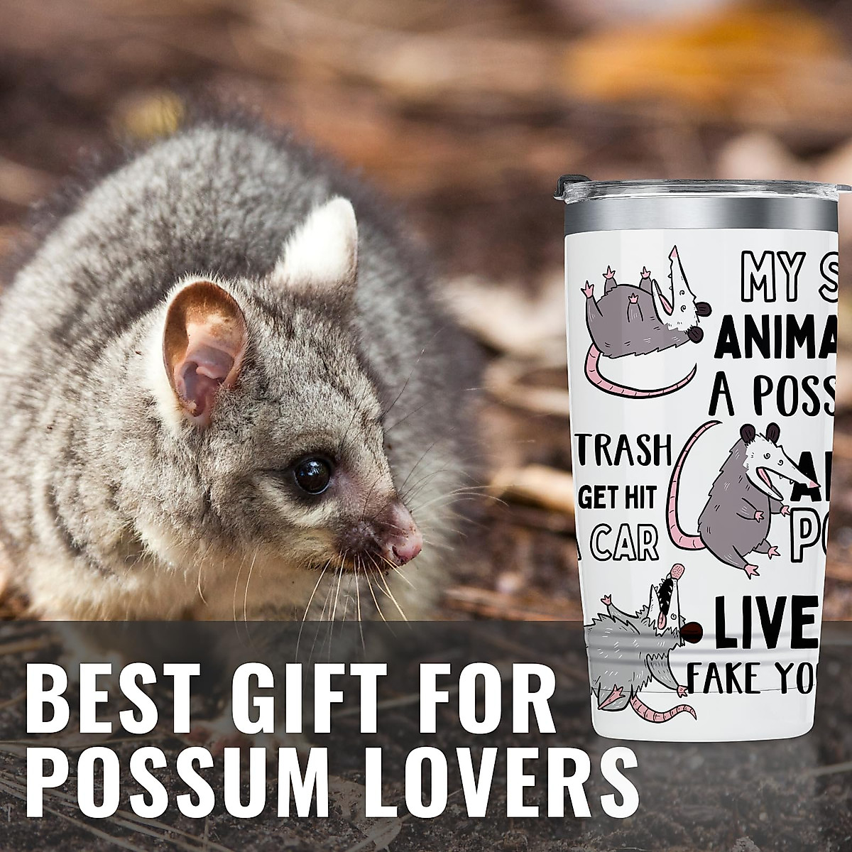 Onebttl Possum Gifts for Women & Men, Unique Gifts for Possum Lover, Possum 20oz Tumbler with Spill-Proof Lid, Opossum Gifts, Gift Box Included - White