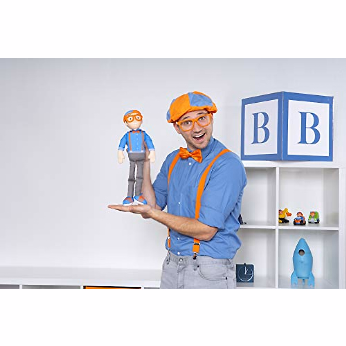 Blippi Bendable Plush Doll, 16” Tall Featuring SFX - Squeeze The Belly to Hear Classic catchphrases - Fun, Educational Toys for Babies, Toddlers, and Young Kids