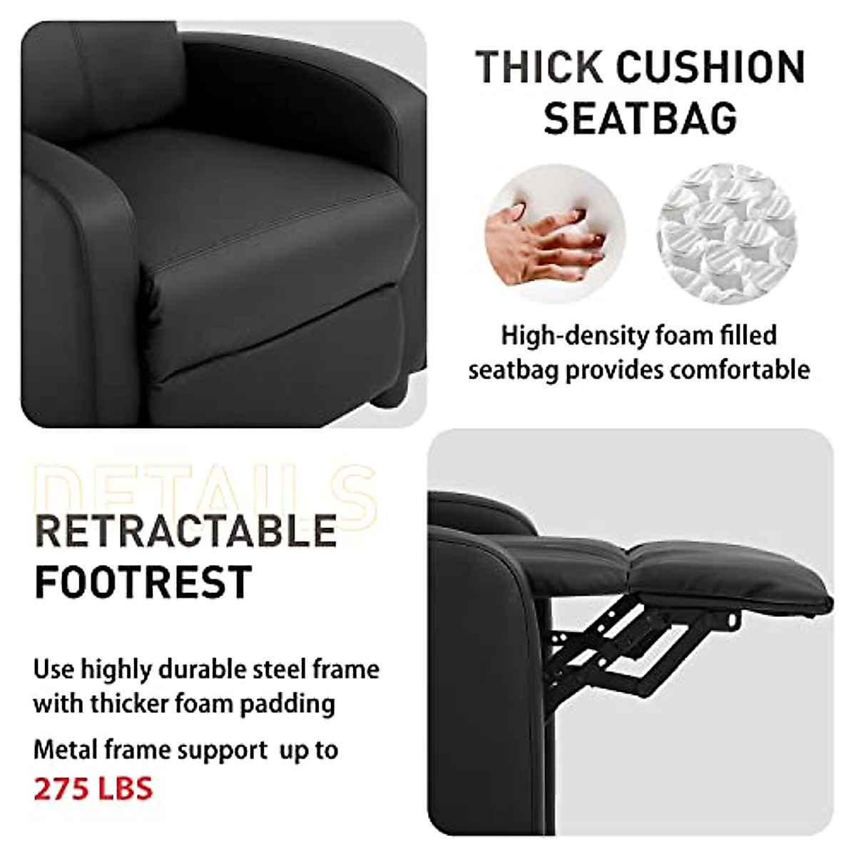 Vnewone Recliner Chair for Living Room Lounge Chaise Wingback Single Sofa Modern Home Theater Seating, Adjustable Height, Faux Leather, Black