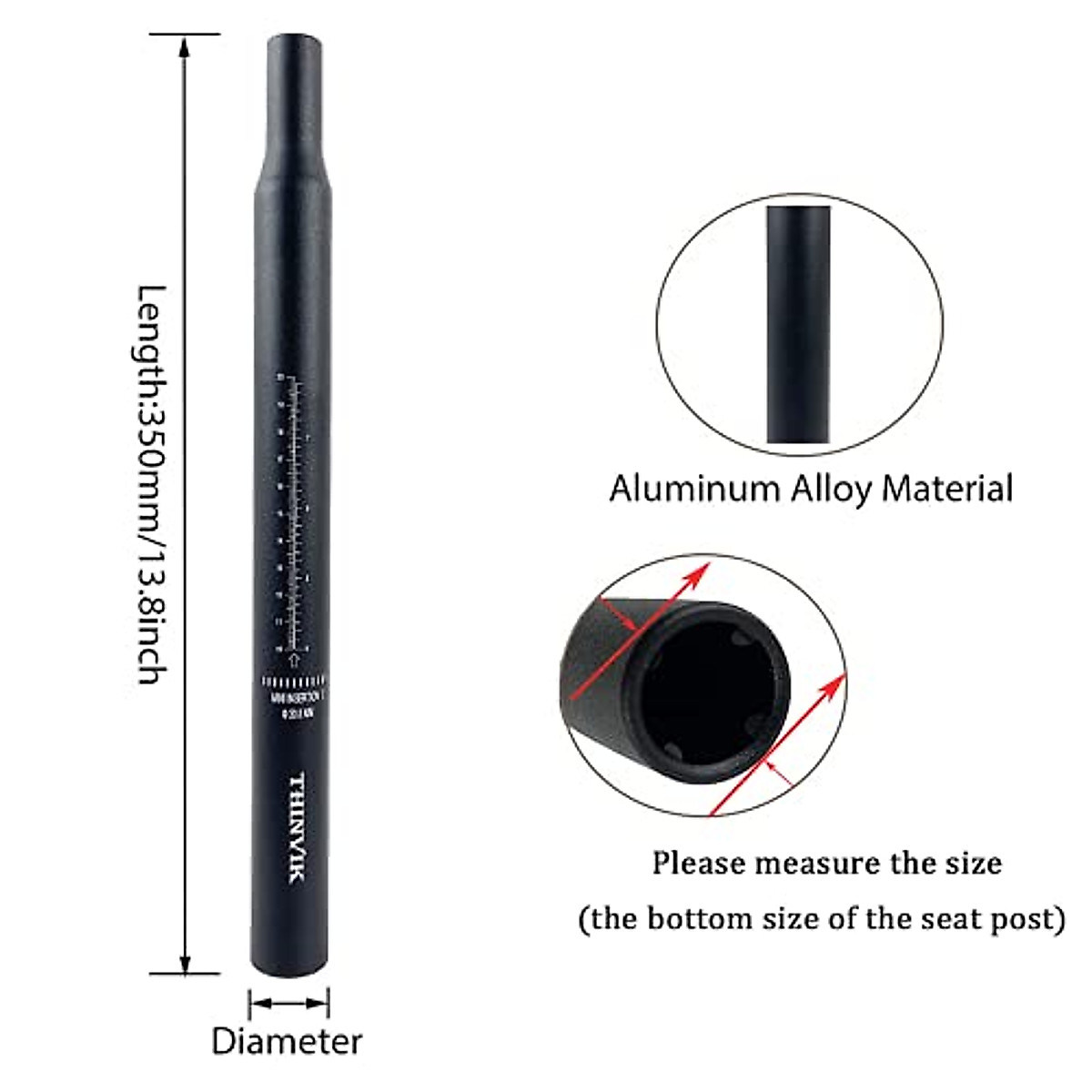 Thinvik Bike Seat Post Matte Aluminum Alloy,Length 350mm,Bicycle Seat Post Replacement for BMX MTB Road&Mountain Bike,Fixed Gear Bike Seatpost 25.4/27.2/28.6/30.4/30.8/31.6mm-27.2mm