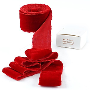 DINDOSAL Red Velvet Ribbon for Christmas Decorations Frayed Silk Velvet Ribbon 1.5 Inch Raw Edge Red Christmas Ribbon Rustic Ribbon for Gift Wrapping Boho Ribbon Wedding Vow Books -3yards