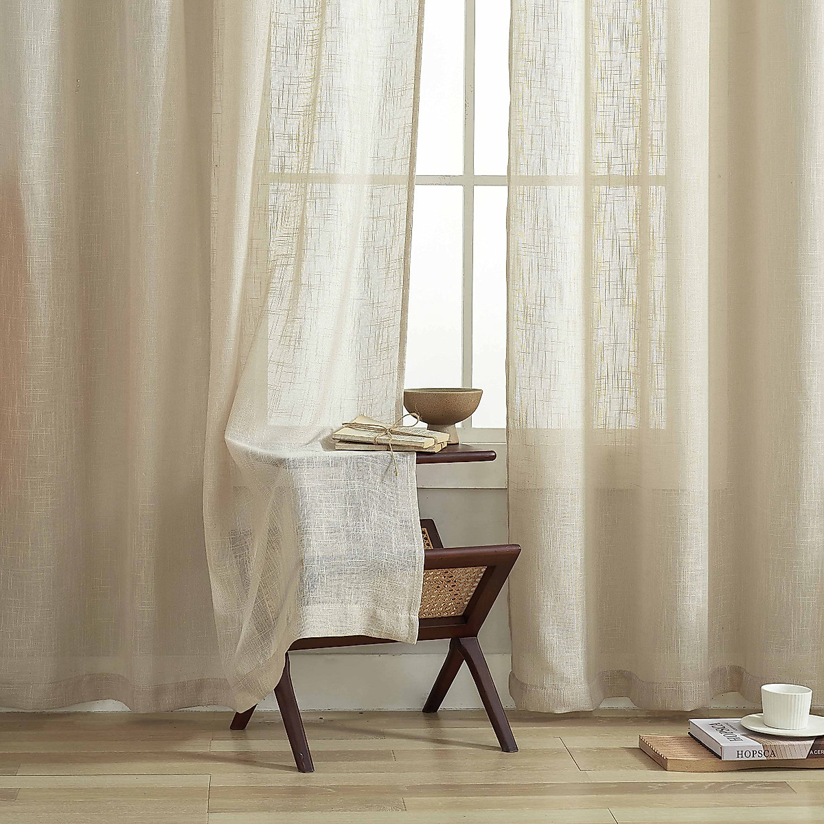 Home Brilliant Linen Sheer Curtain Linen Curtains for Living Room Filtering Sunlight Semitransparent Panels for Bedroom Window Trearment Curtain, Set of 2, 54 x 45 Inch, Beige