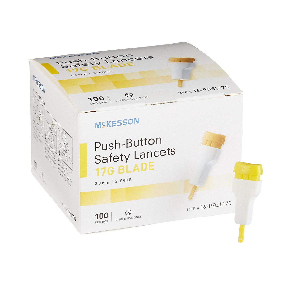 McKesson Safety Lancets, Sterile, Push-Button, 17 Gauge Blade, 2 mm, 100 Count, 1 Pack