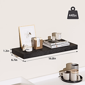 Floating Shelves for Wall Storage, Wall Mounted Rustic Wood Shelves, Modern Hanging Shelves, Display Shelf Organizer for Bathroom, Bedroom, Living Room, Kitchen, Room Décor 16 inch Set of 3, Black